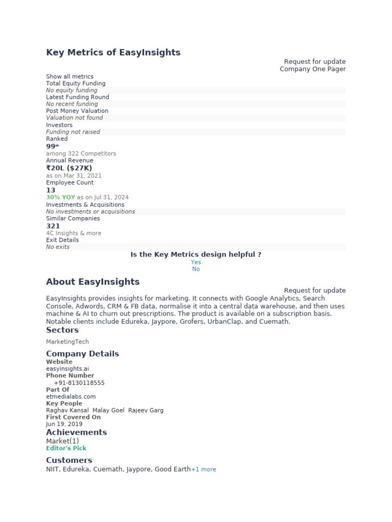Key Metrics of EasyInsights | PDF