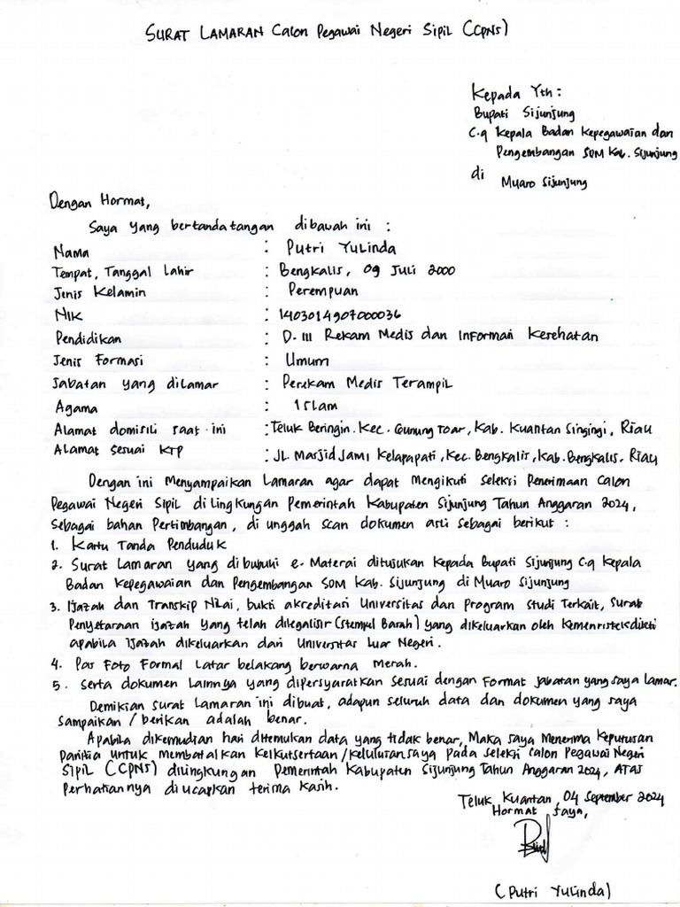 Surat Lamaran Putri | PDF
