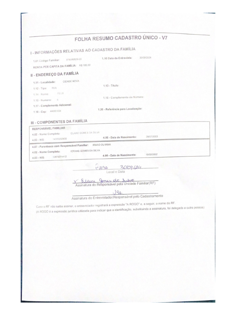 Folha Resumo Cadastro Único - V7 | PDF