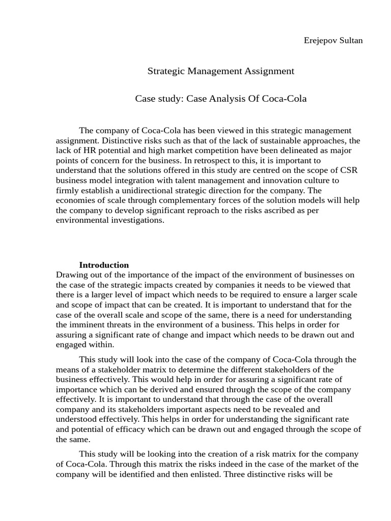 Case Coca Cola Pdf Corporate Social Responsibility Risk