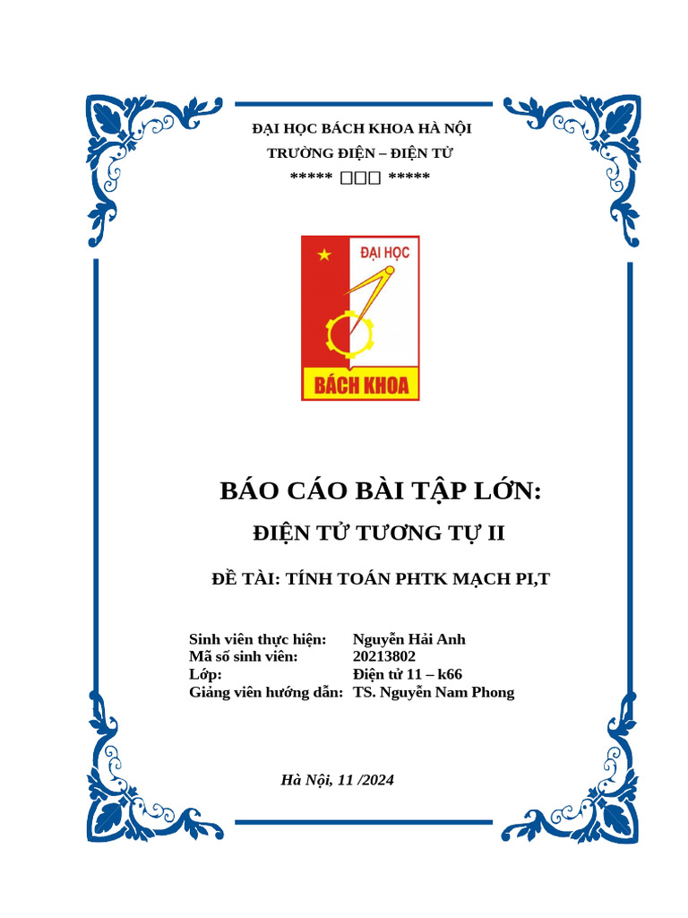 BTL dttt2 Hust Bao Cao Trinh Bay Cach Tinh Toan Mach Phoi Hop Tro Khang Pi Va T Trinh Bay | PDF