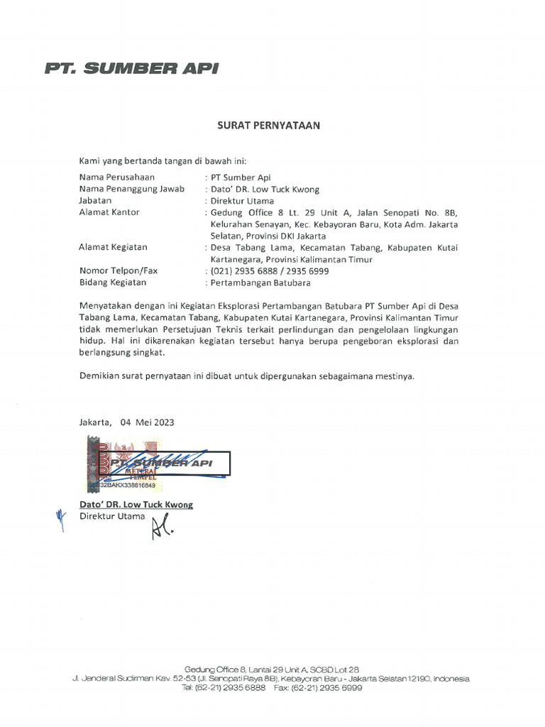 Surat Pernyataan Tidak Perlu Pertek - SA | PDF