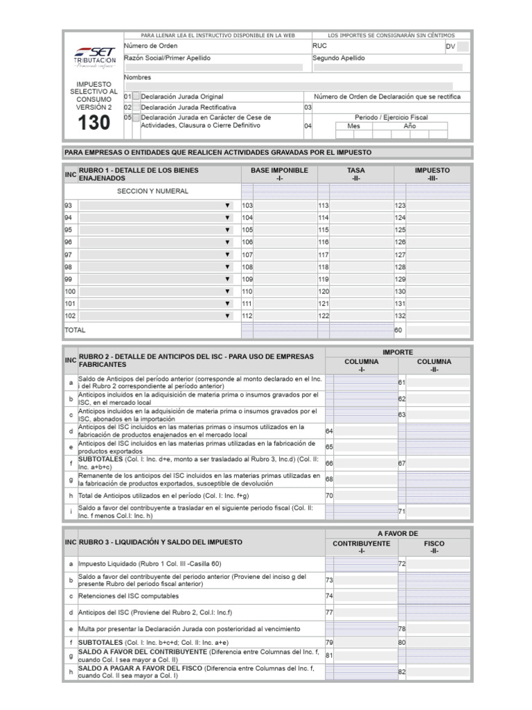 Formulario #130 ISC General Versión 2 | PDF | Impuestos | Finanzas del ...