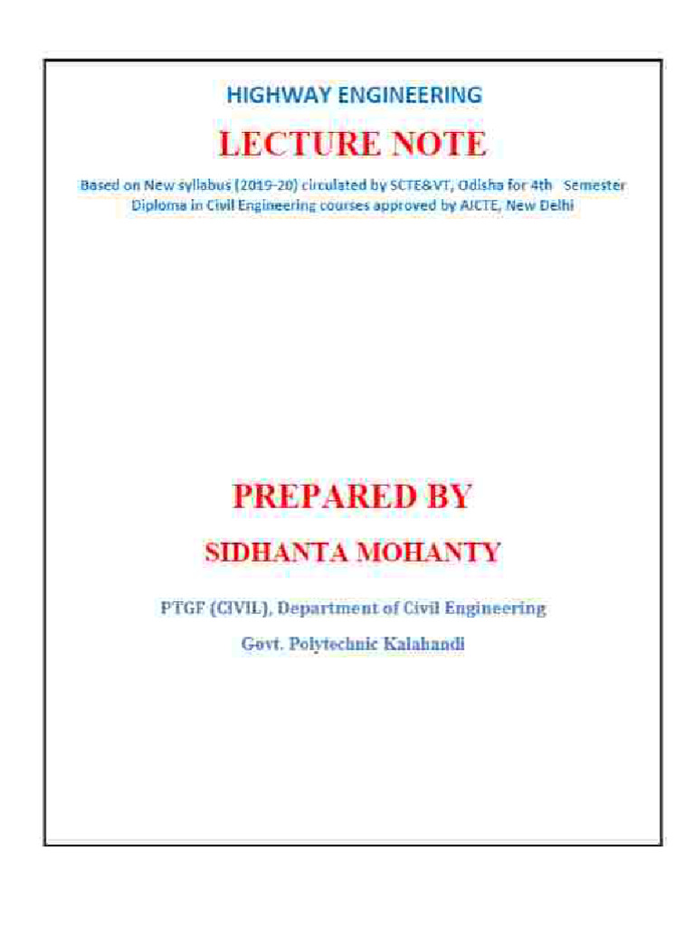 Lecture Note Highway Engg. 4th Sem Sidhanta Mohanty (Lect. Civil) - 11zon | PDF