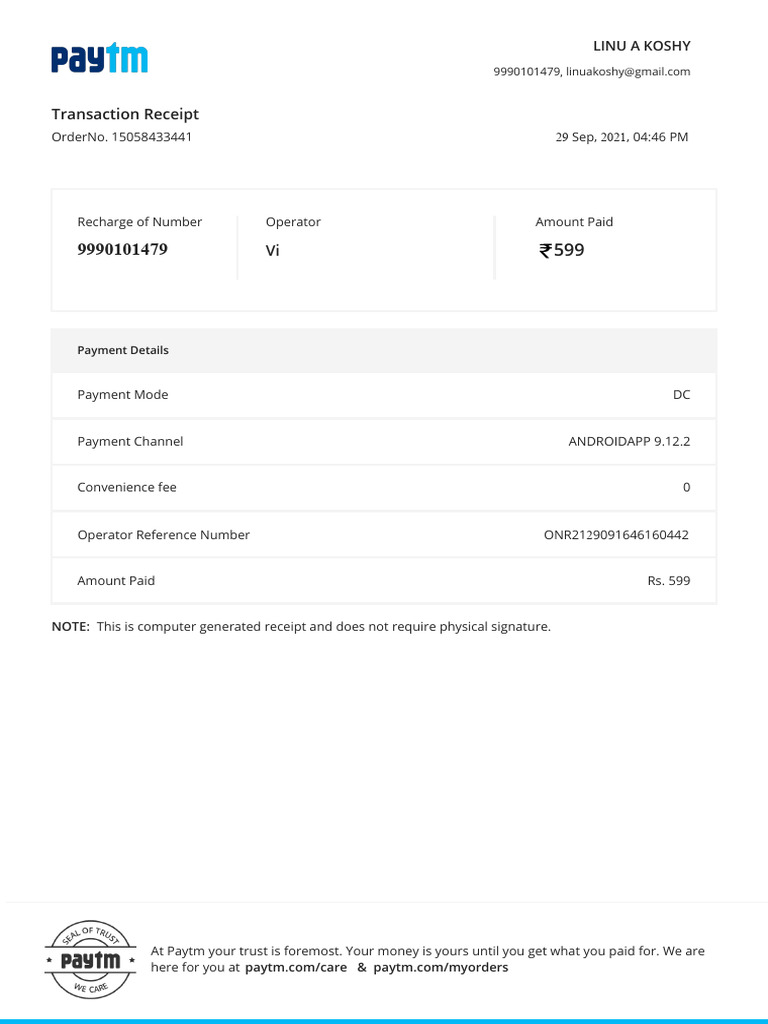 Vi Recharge Receipt - Rs. 599 Payment | PDF
