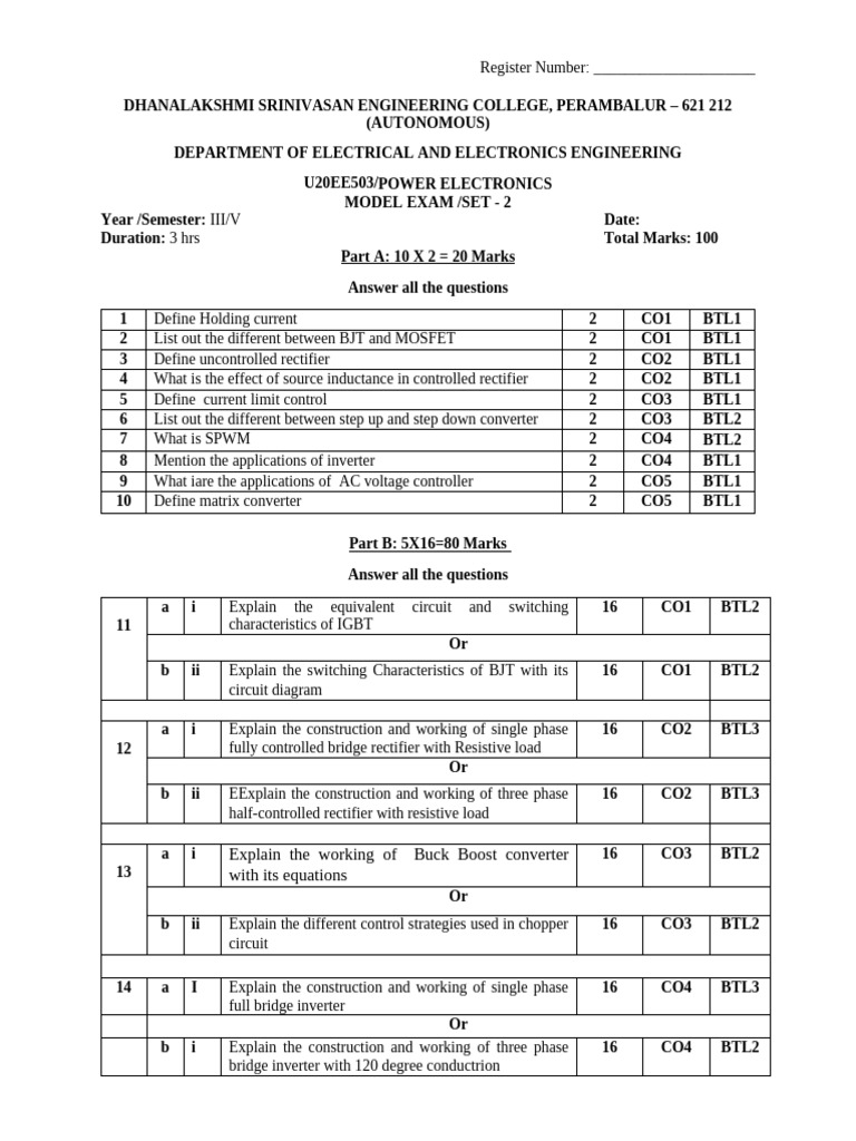 Power Electronics Model Exam Questions | PDF | Power Electronics ...