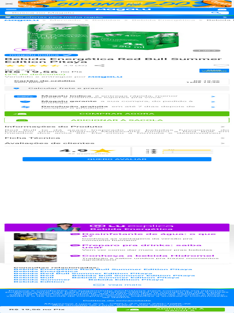 Bebida Energética Red Bull Summer Edition Pitaya - 250ml 4 Unidades - Bebida Energética ...