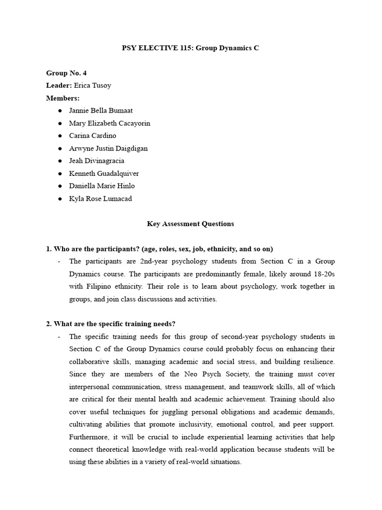 Group 4 Key Assessment Questions PSY ELECTIVE 115 | PDF | Psychology ...