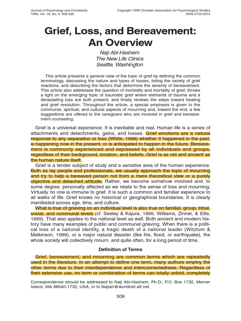 Grief Loss and Bereavement An Overview | PDF | Grief | Psychological Trauma