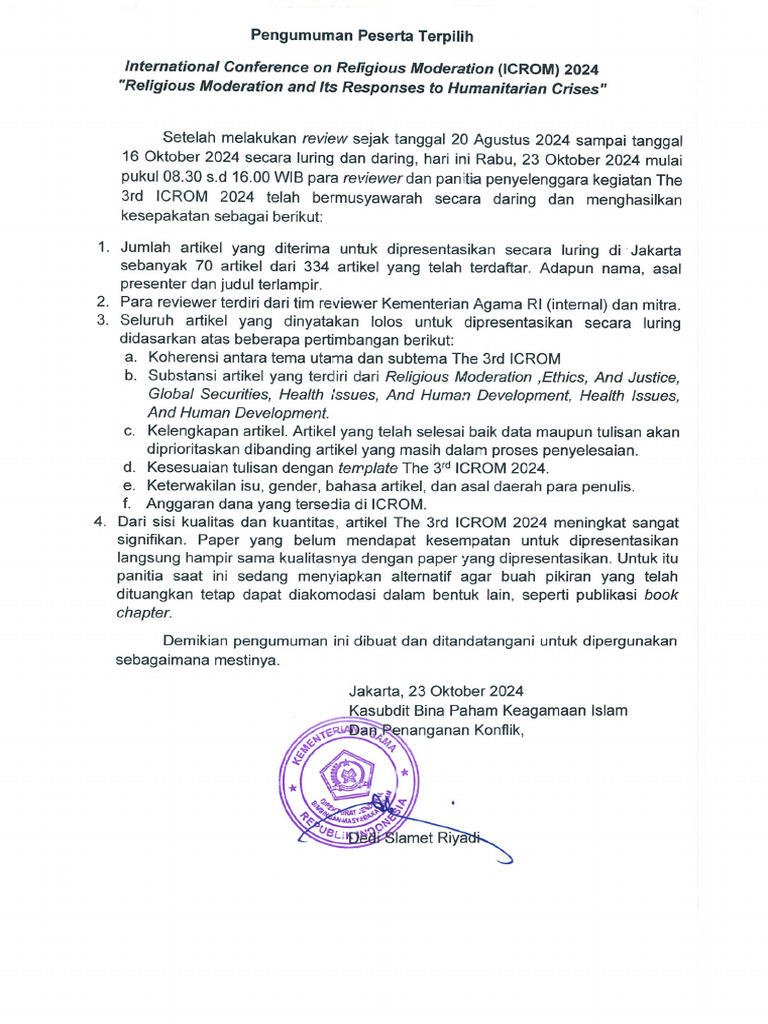 Pengumuman 70 Peserta Lolos ICROM 2024 | PDF