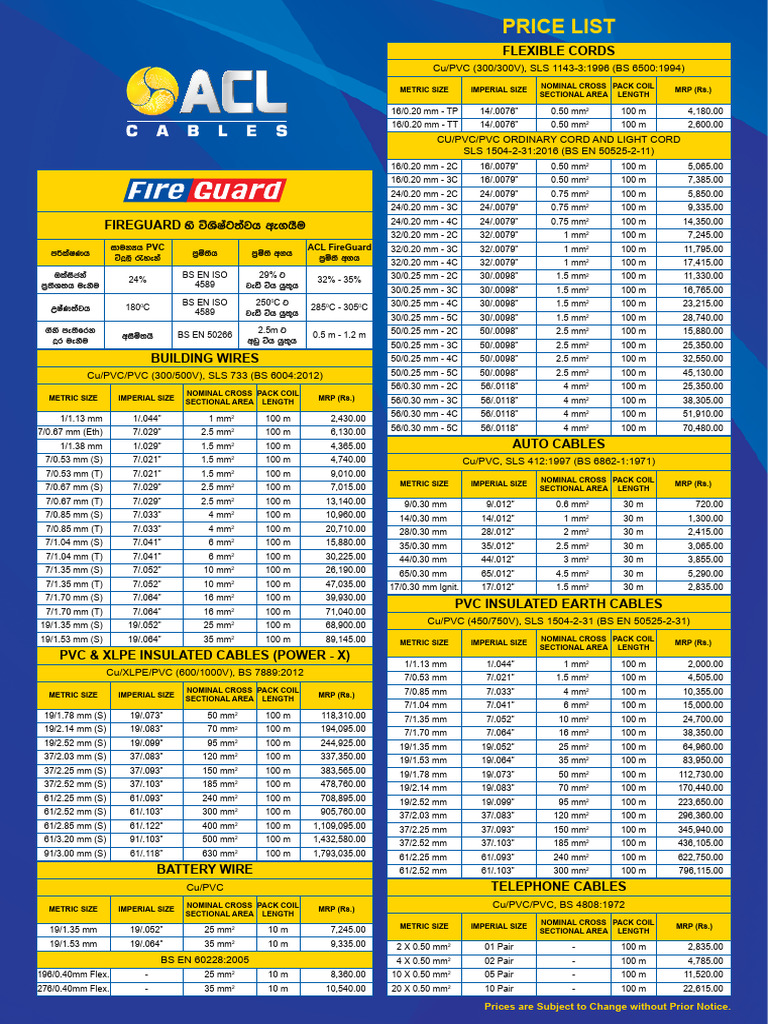 ACL Cables Price List 2020 | PDF | Wire | Machines