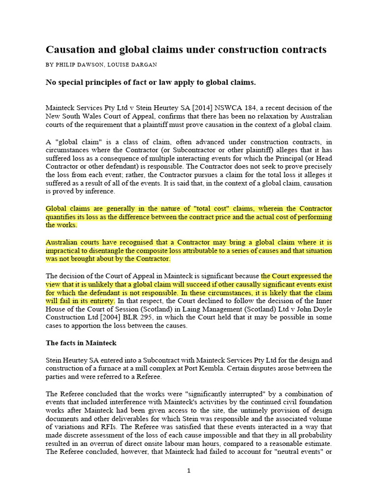 Causation and Global Claims Under Construction Contracts | PDF | Causation (Law) | Causality