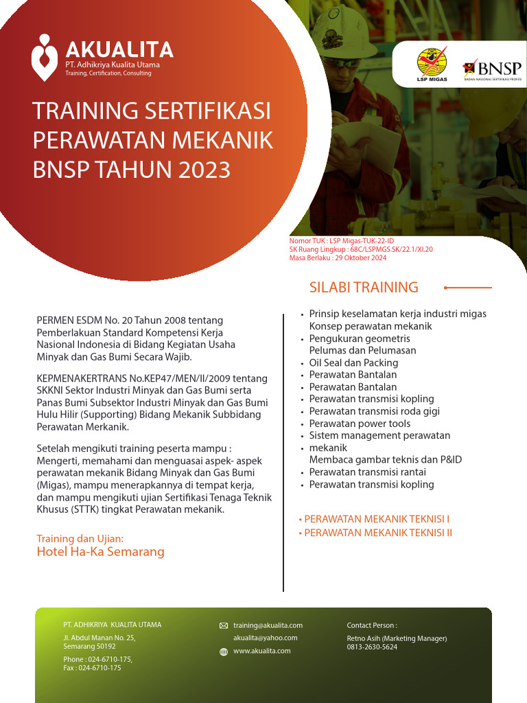 Training Sertifikasi Perawatan Mekanik BNSP | PDF