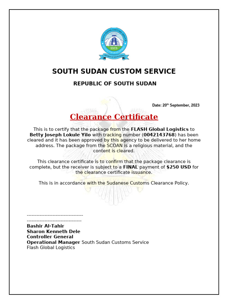 South Sudan Customs Clearance Certificate | PDF