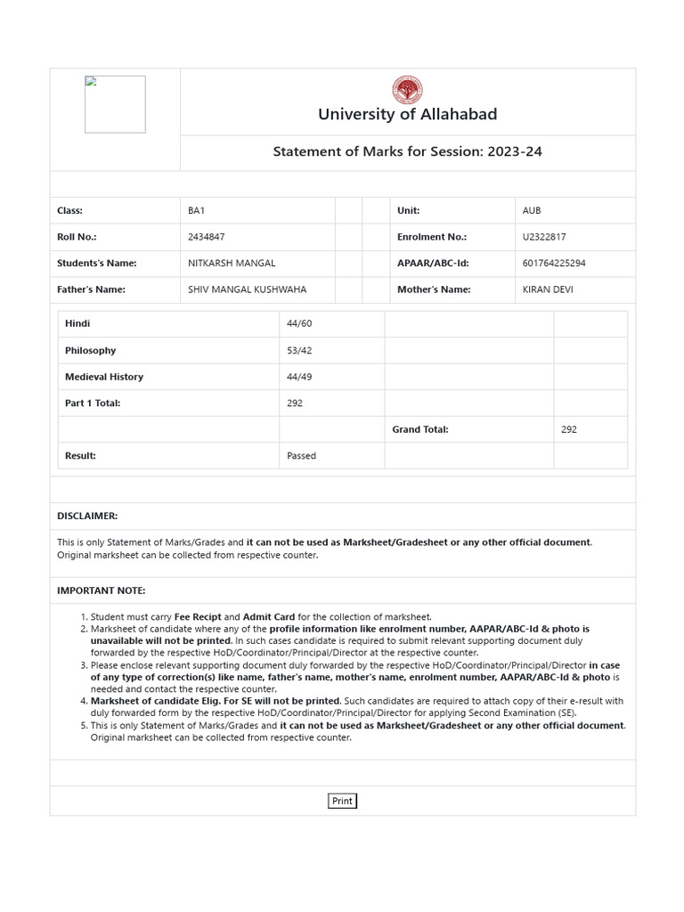 Statement of Marks - University of Allahabad NITKARSH | PDF
