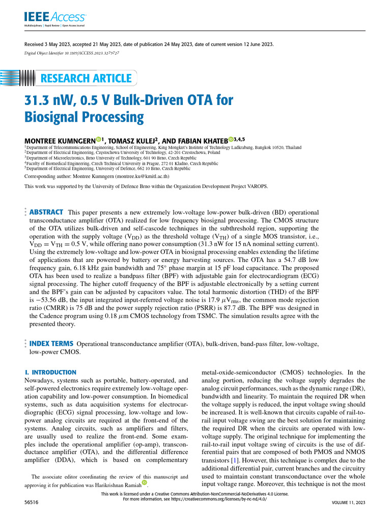 31.3 NW 0.5 V Bulk-Driven OTA For Biosignal Processing | PDF | Amplifier | Operational Amplifier
