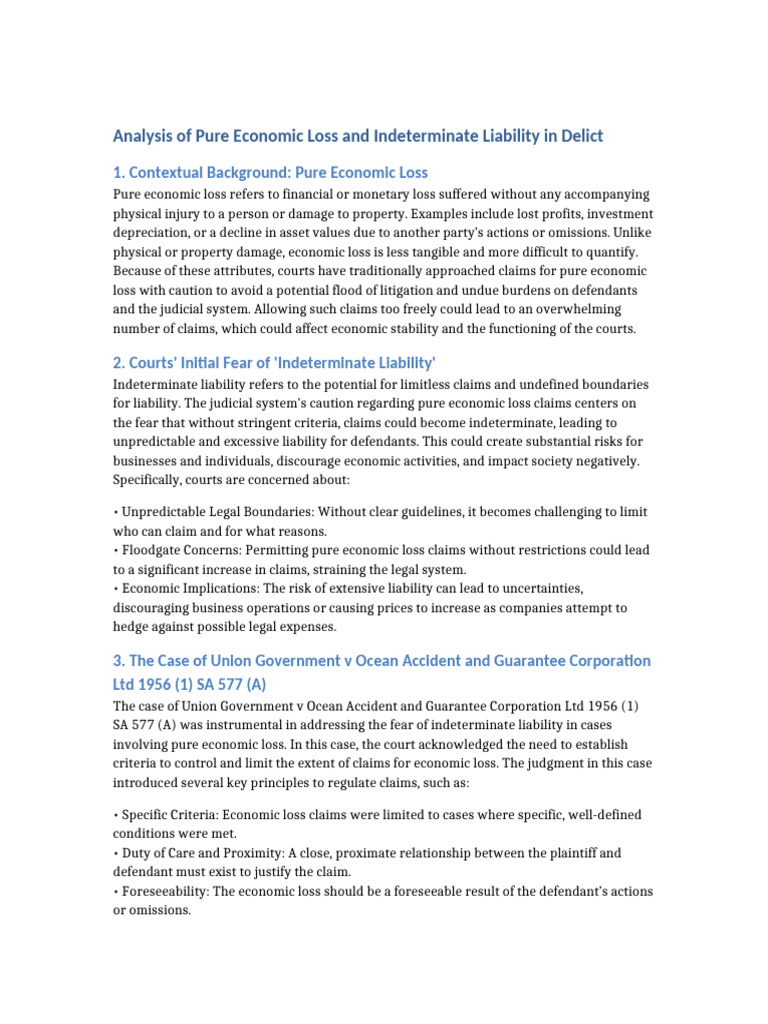 Pure Economic Loss and Indeterminate Liability Detailed | PDF | Legal ...