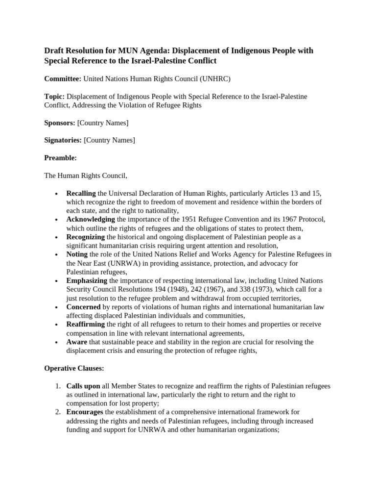 MUN Resolution: Palestinian Displacement | PDF | Refugee | Palestinian ...