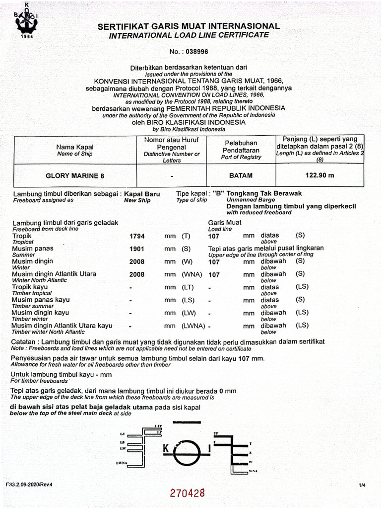BKI Garis Muat - TK. Glory Marine 8 - 25 September 2027 (Endorse. 28 ...