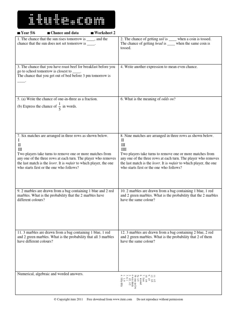 Chance and Data Worksheet 4 | PDF | Odds | Arithmetic
