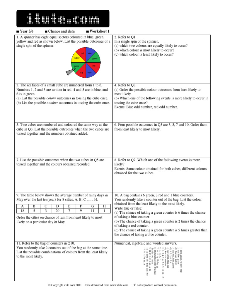 Chance and Data Worksheet 1 | PDF | Probability Theory | Probability
