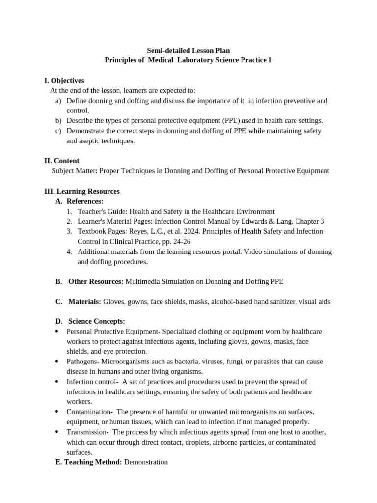 PPE Donning and Doffing Lesson Plan | PDF | Personal Protective ...