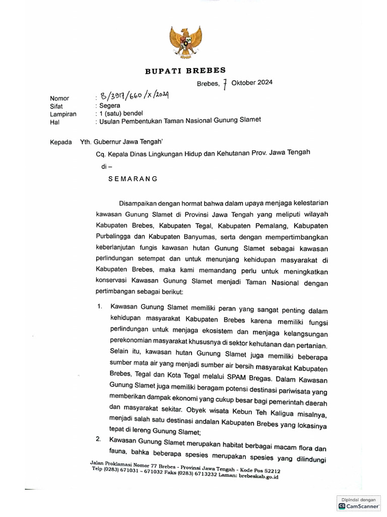 Surat Bupati Brebes Nomor B3917660X2024 Tanggal 7 Oktober 2024 Perihal Permohonan Pembentukan TN ...