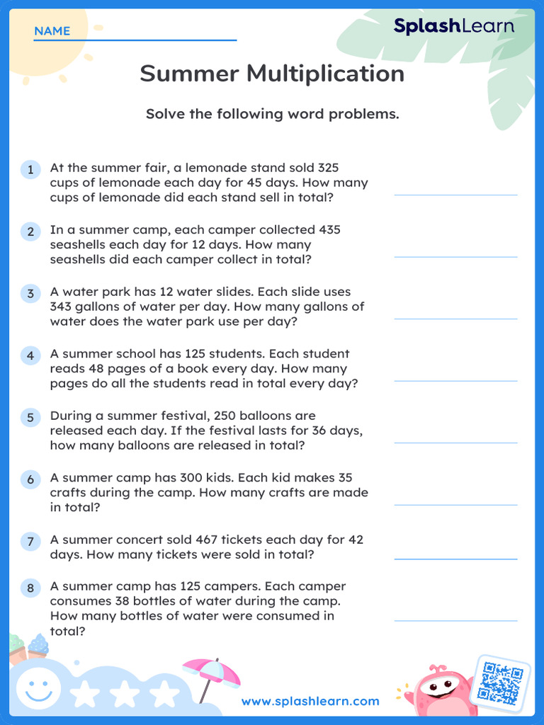 Multiply 3 Digit Numbers and 2 Digit Numbers Summer Word Problems | PDF ...