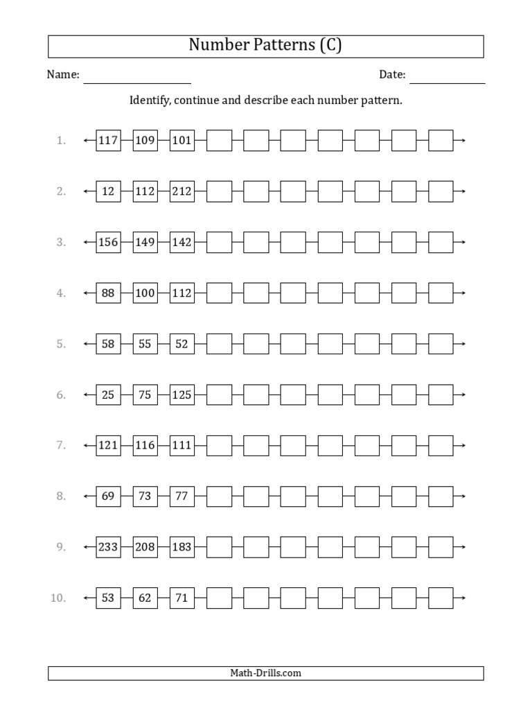 Number Patterns Worksheet C | PDF | Teaching Methods & Materials