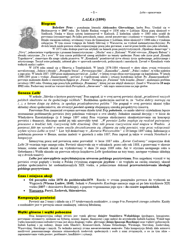 Lalka - Opracowanie Szczegółowe 1 | PDF