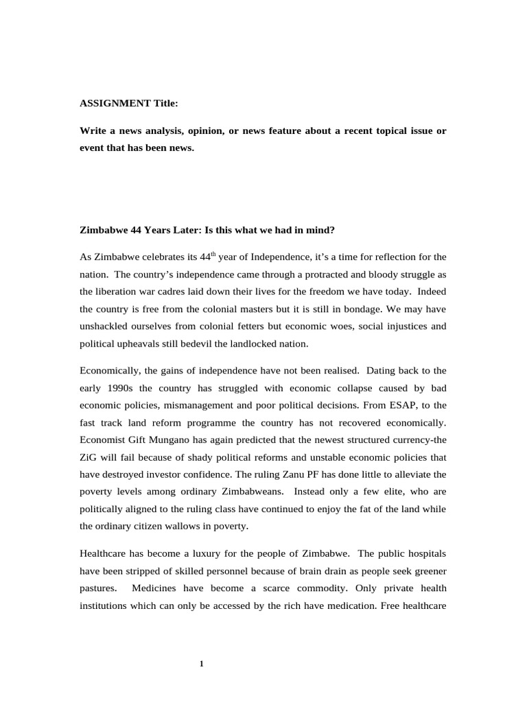 Opinion Piece Assignment | PDF | Zimbabwe | Poverty