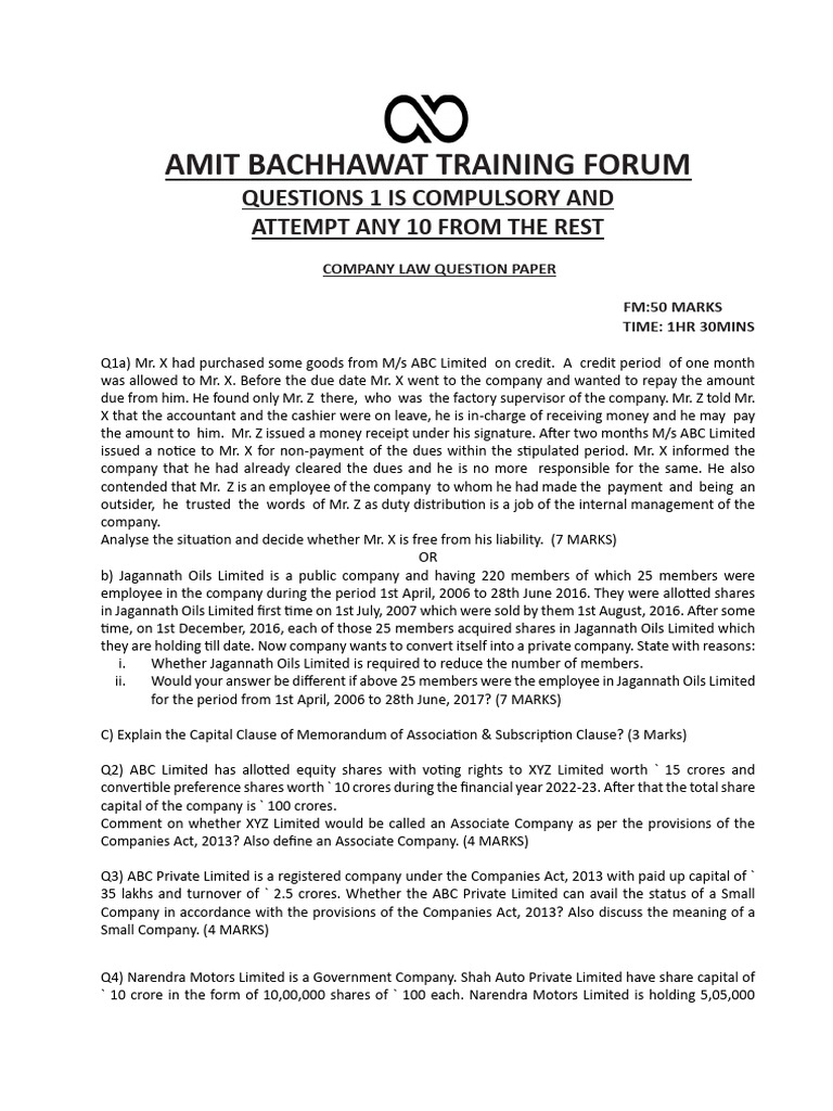 CA Foundation Company Law Question Paper | PDF | Business Law | Private Law