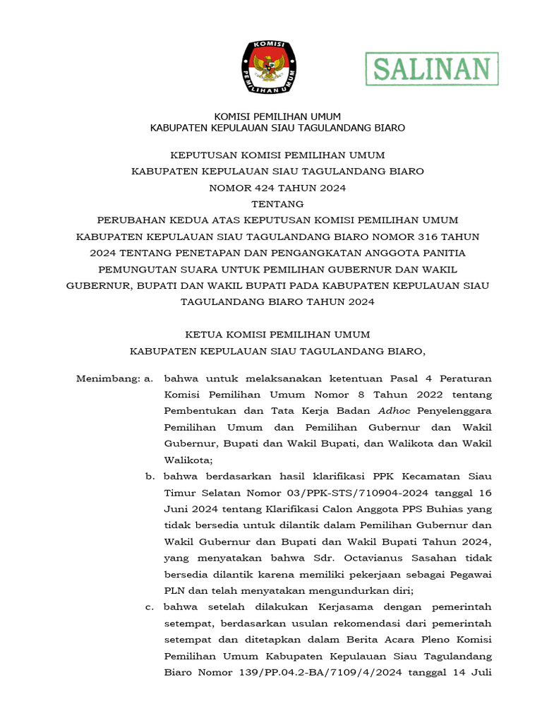 Salinan 424 SK Perubahan Kedua SK 316 Penetapan Pps Pilkada 2024 | PDF | Pengelolaan Keuangan & Uang