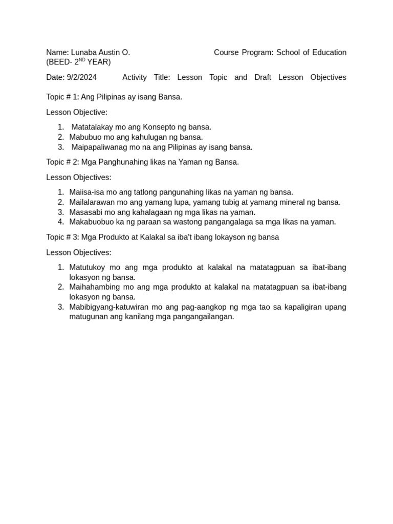 Beed-2ndyear - Assignment # 1 Lesson Topics & Draft Objectives | PDF