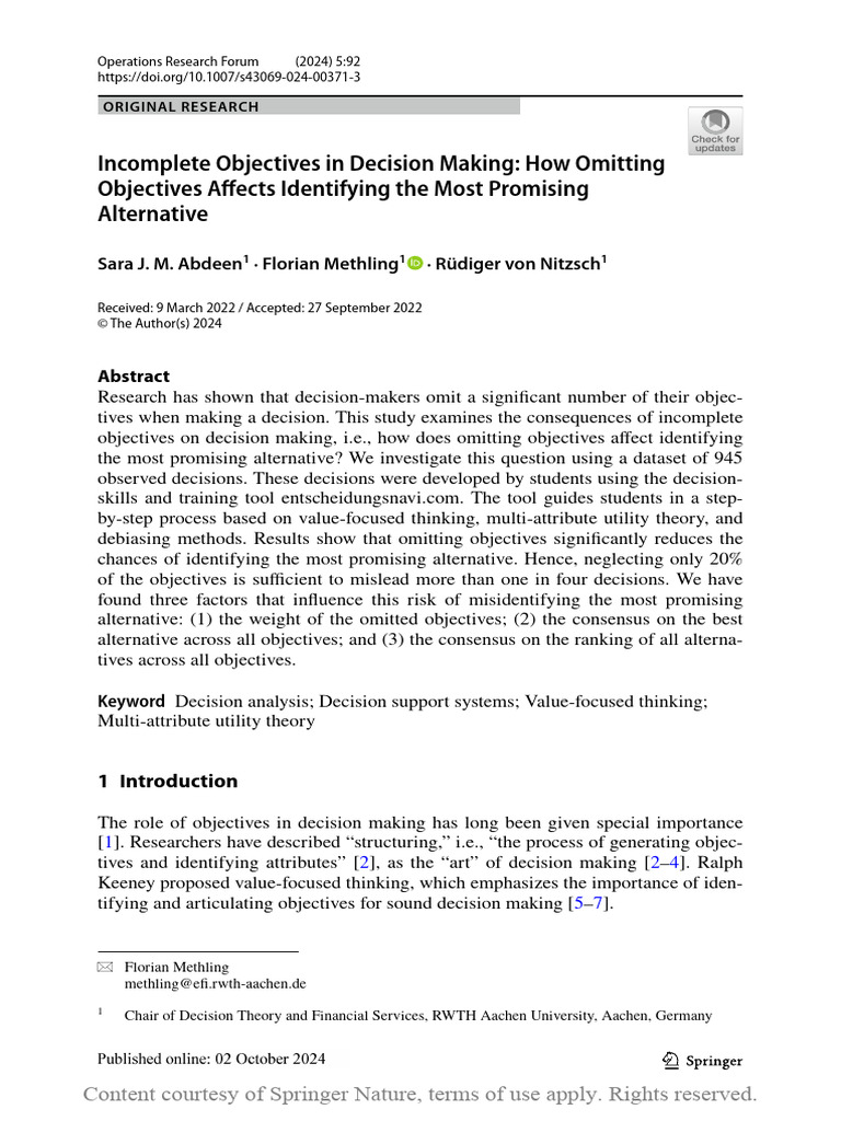 Incomplete Objectives in Decision Making How Omitt | PDF | Decision ...