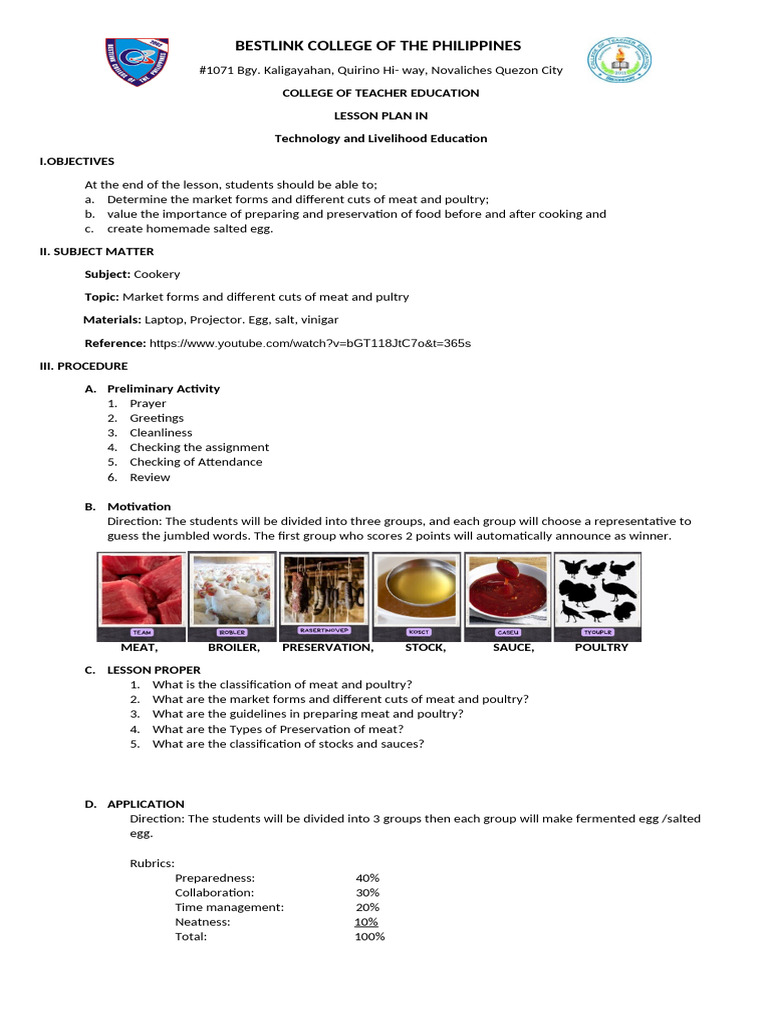 LESSON PLAN COOKERY 4 | PDF | Poultry | Meat