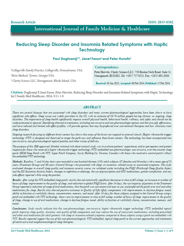 Reducing Sleep Disorder and Insomnia Related Symptoms With Haptic ...