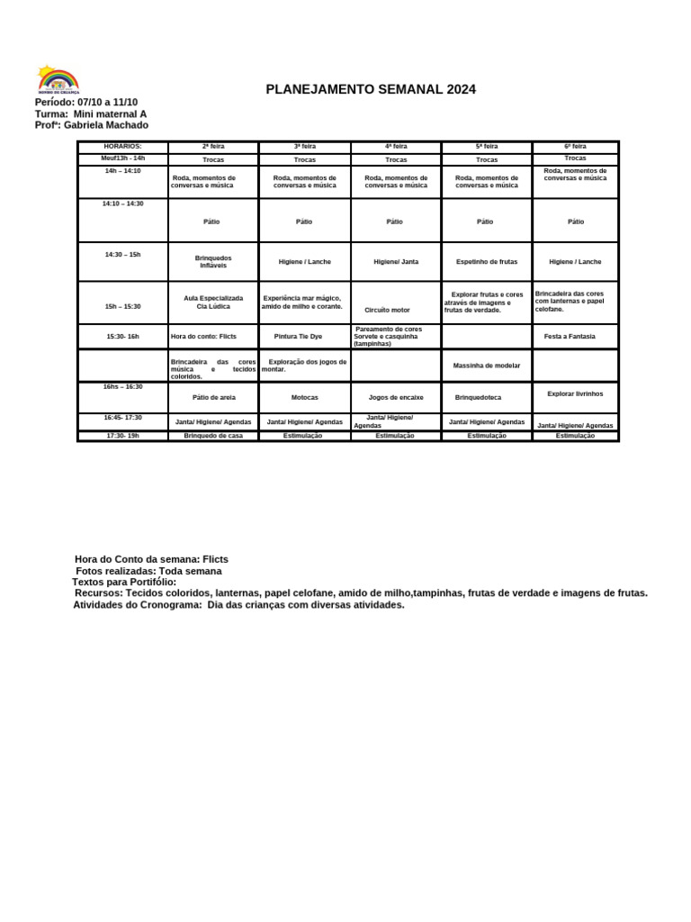 Planejamento Semanal Mini Maternal A | PDF