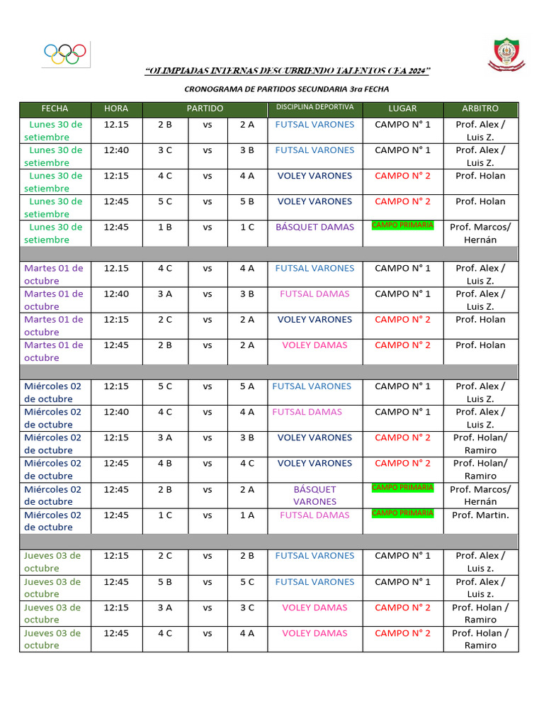 Fixture CEA 2024, TERCERA Fecha | PDF | Juegos de pelota | Deportes de ...