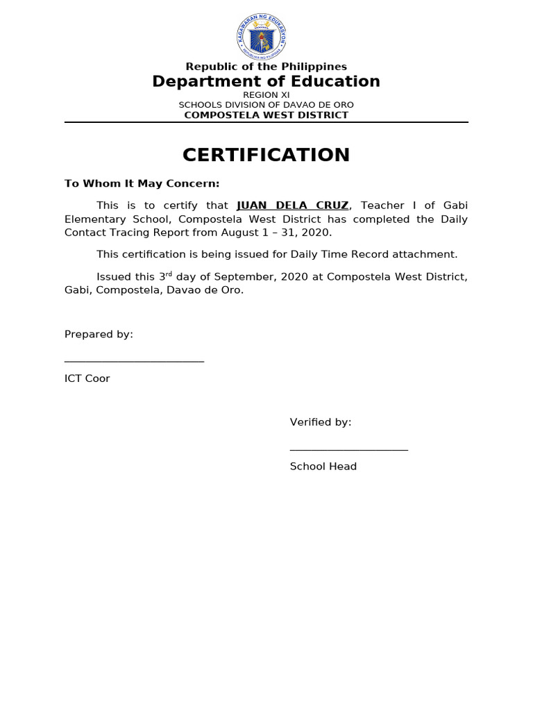 Daily Contact Tracing Certification | PDF