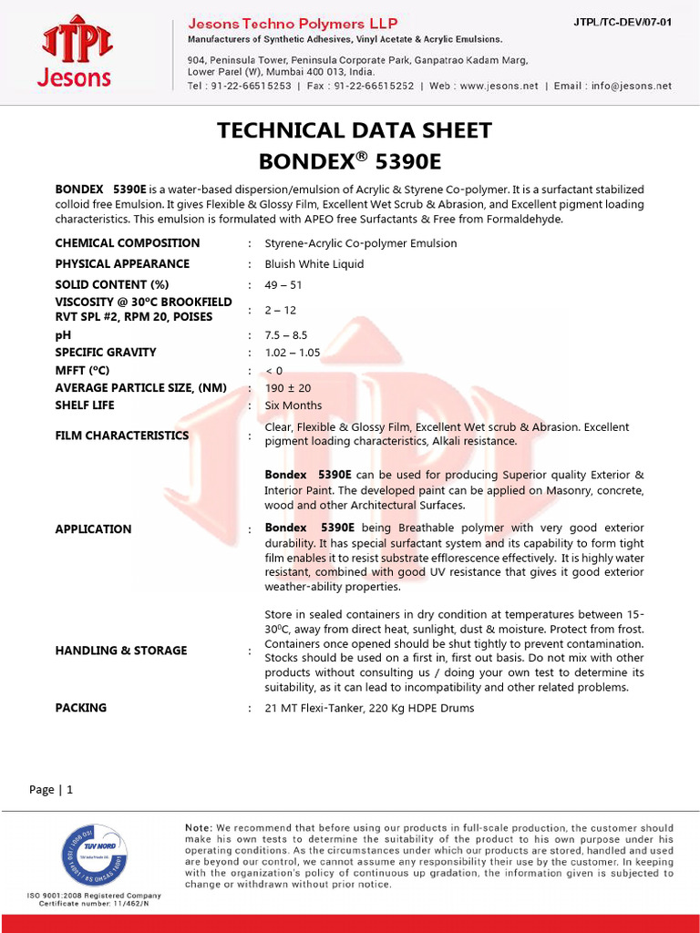 Technical Data Sheet - JTPL Bondex 5390e 02.03.2023 | PDF | Emulsion | Applied And ...