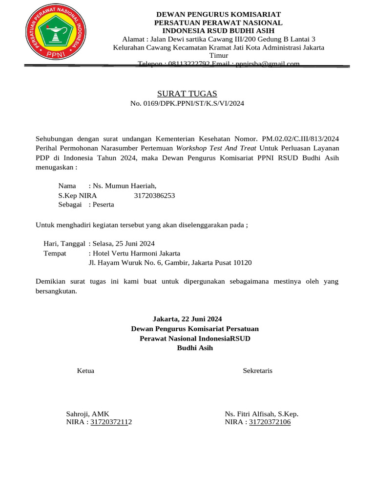 TTD CAP BASAH Surat Tugas Ppni As A Peserta Ns. Mumun S.kep | PDF