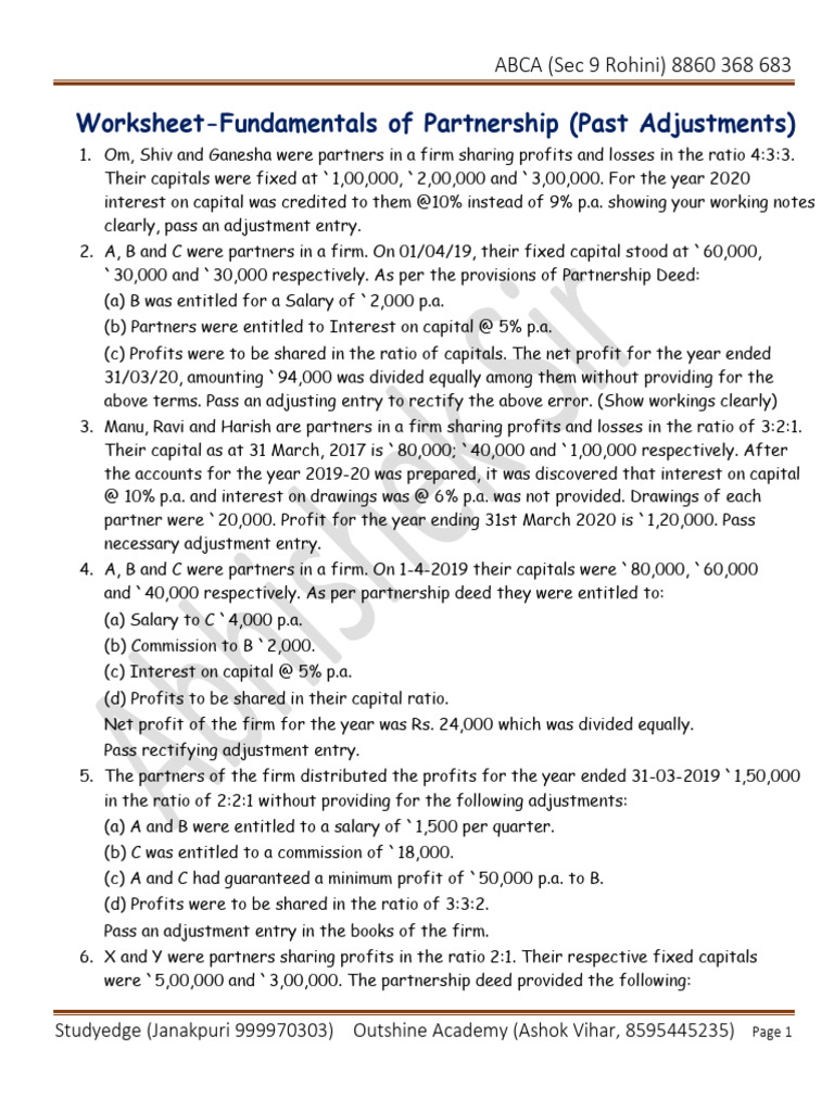 Partnership Adjustment Entries Worksheet | PDF | Partnership | Business ...