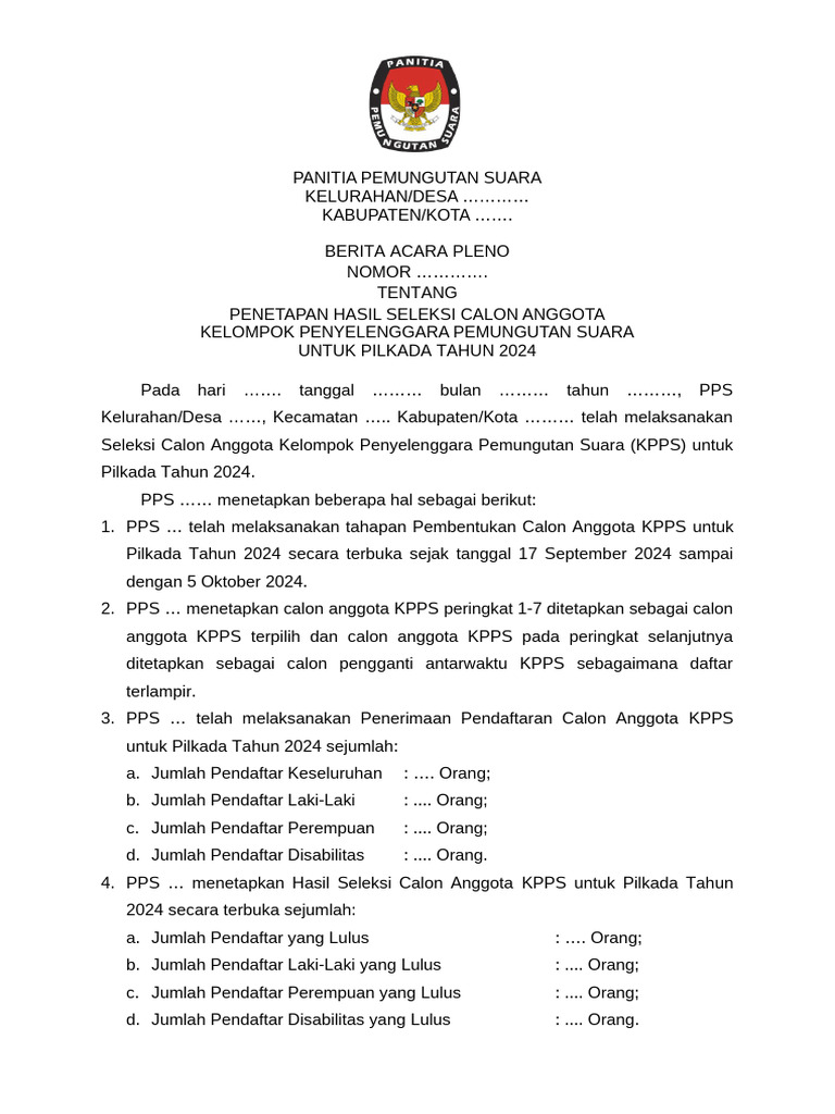 Berita Acara Pps Penetapan Hasil Seleksi Kpps | PDF
