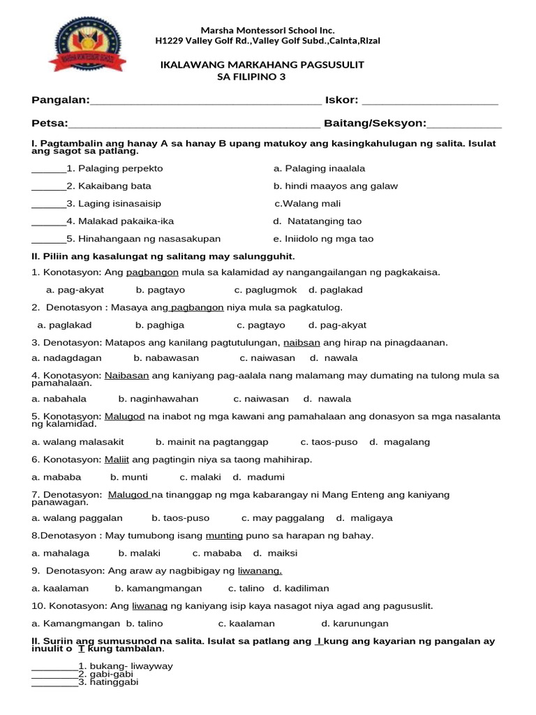 Grade 3 Ikalawang Markahang Pagsusulit Sa Filipino St.24-25 | PDF