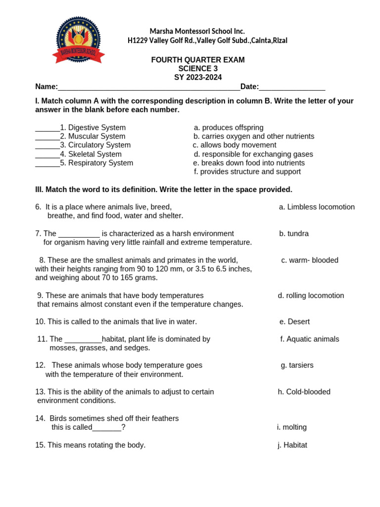 Grade 3 Science Exam Review 2024 | PDF | Root | Leaf