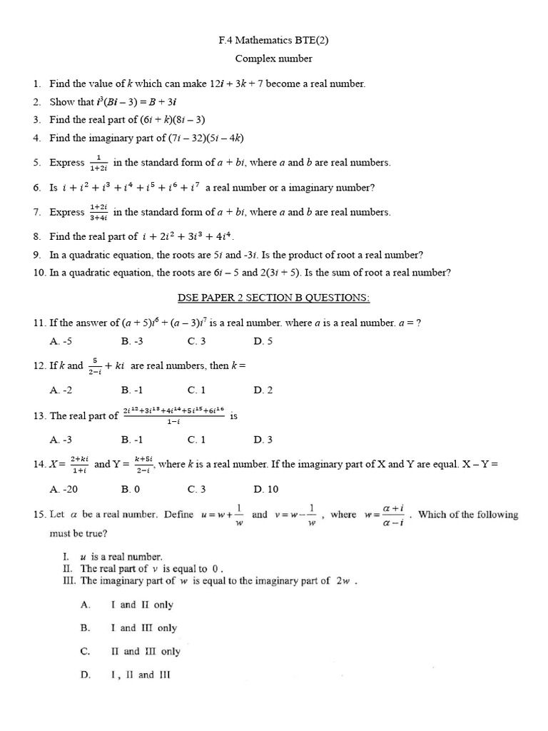 F.4 Mathematics BTE (2) Complex Number | PDF