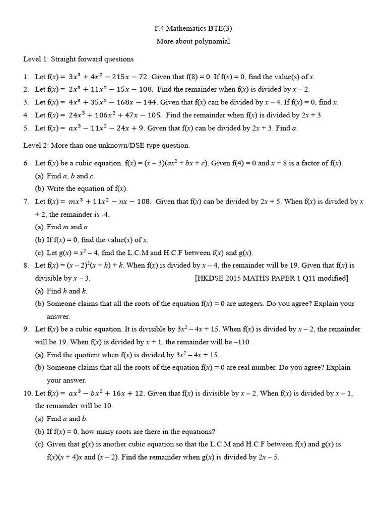 F.4 Mathematics BTE (3) More About Polynomial | PDF | Quadratic Equation | Arithmetic