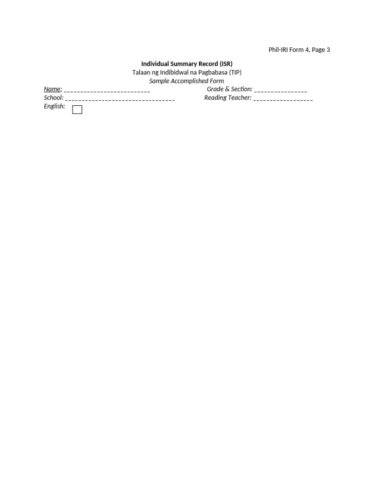 Individual Summary Record for Reading Assessment | PDF