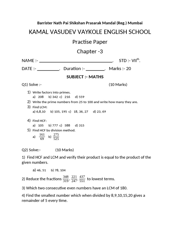 Practise Paper Chap 3 | PDF